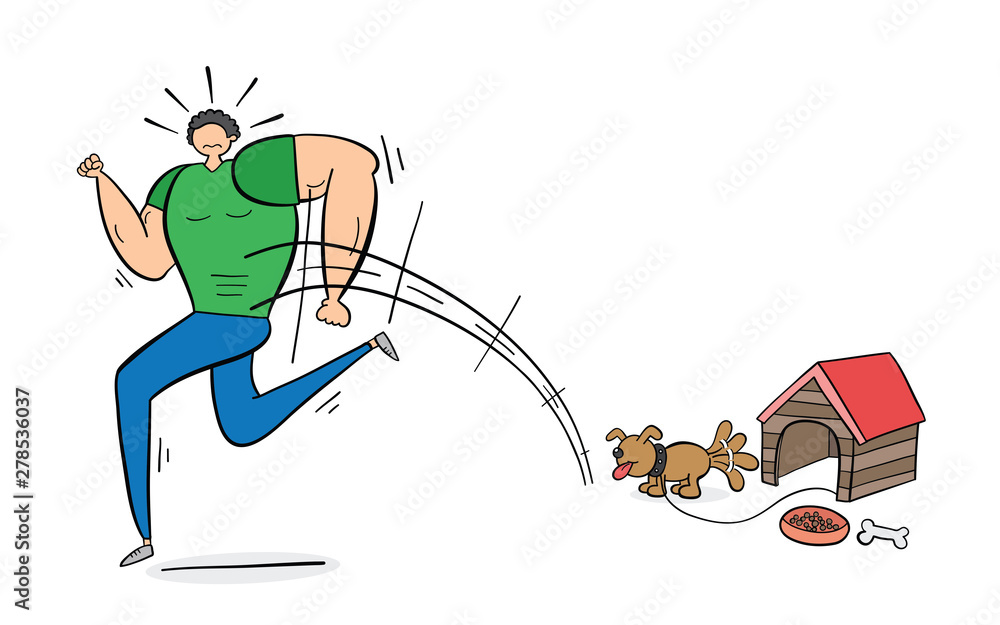 Muscular man scared of small dog and running away, hand-drawn vector ...