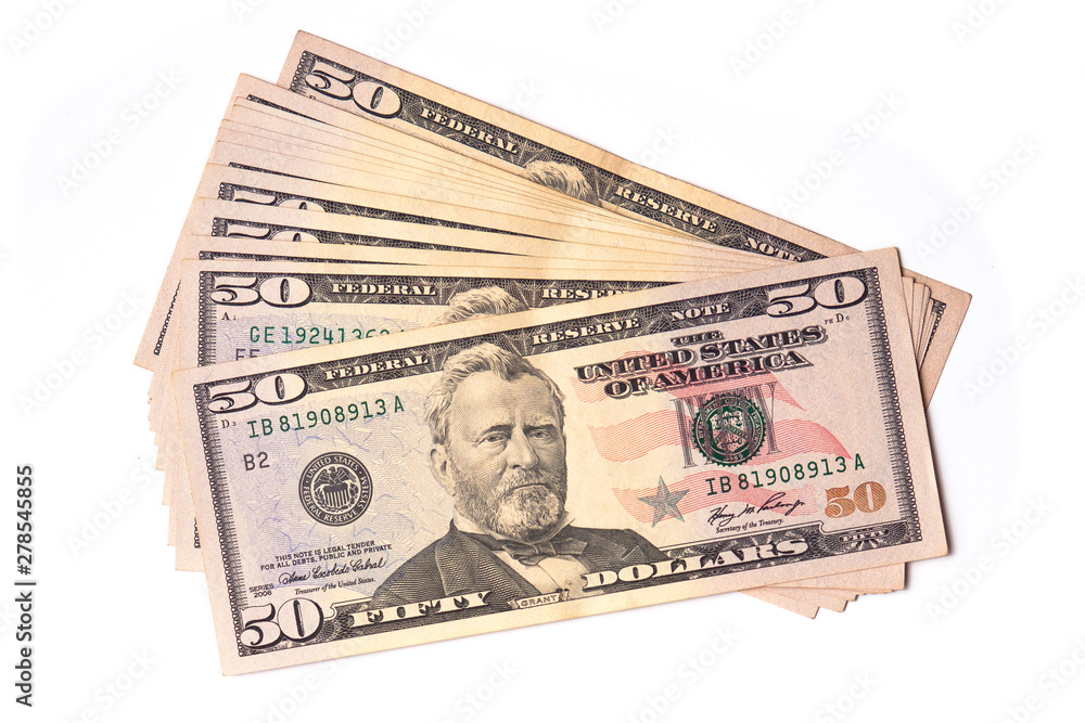Isolated Heap of fifty 50 US dollars bills background. USA note. Top ...