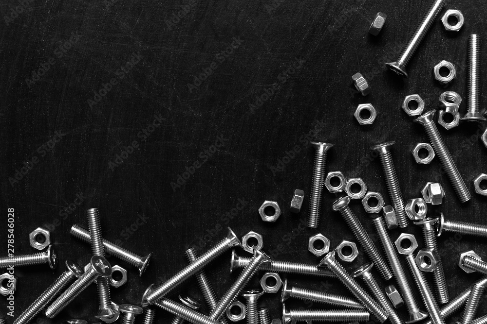 Top view of stainless steel bolts or iron nails with silver color on ...