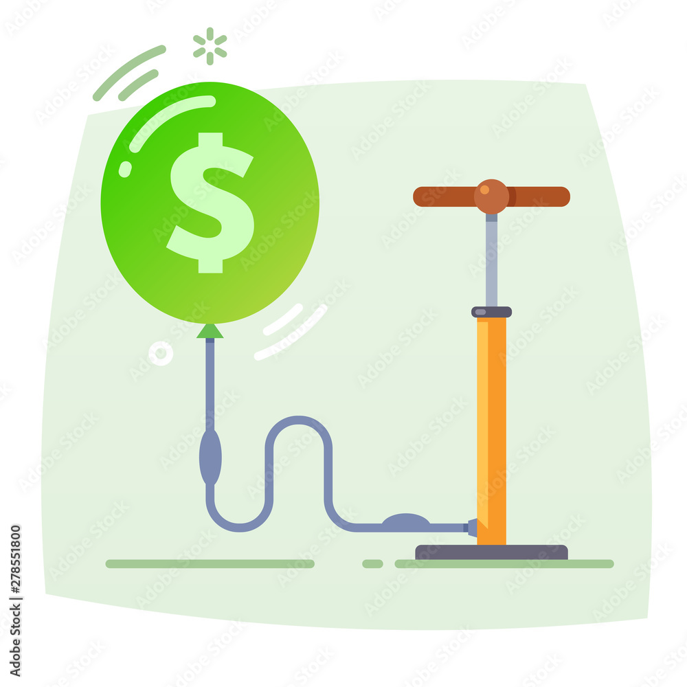 Money bubble. Conceptual illustration. Hand pump inflates balloon with ...