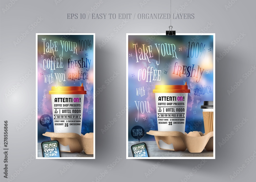 Poster and flyer template for coffee shop on blurred background ...