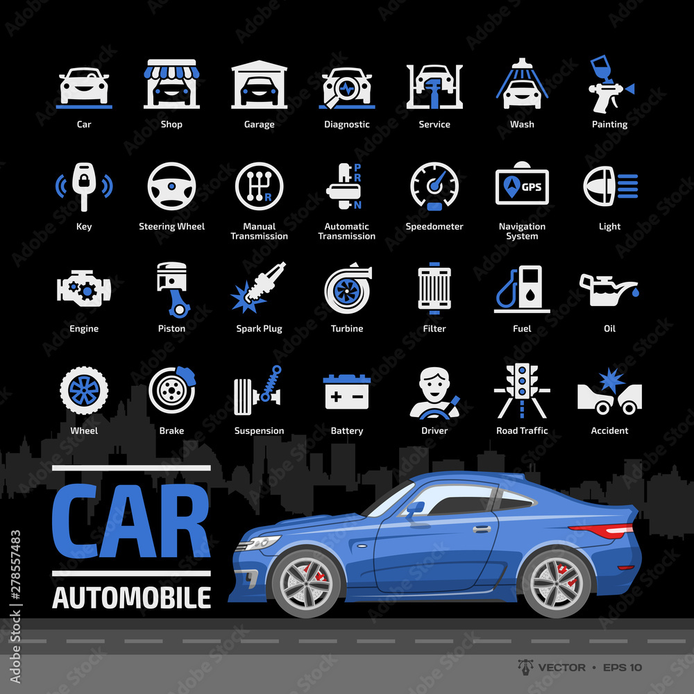 Car icon set on a black background with blue coupe automobile mockup ...