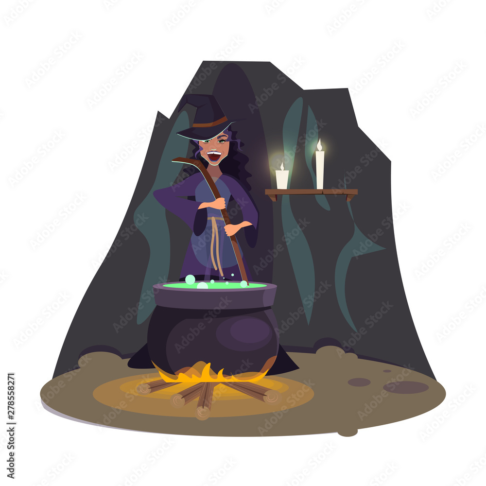 Evil witch brewing potion flat vector illustration Stock Vector | Adobe ...
