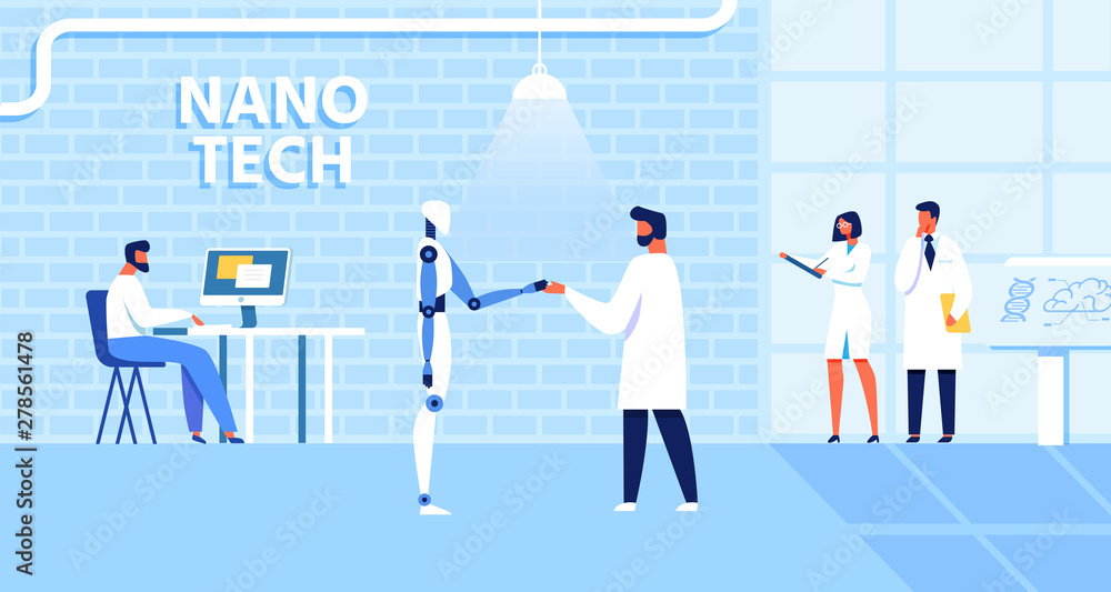 Cartoon Nano Tech Lab with Working Scientists Stock Vector | Adobe Stock