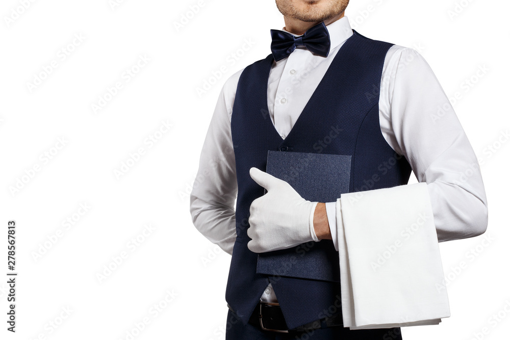Waiter holding a blank restaurant menu, isolated on white background ...