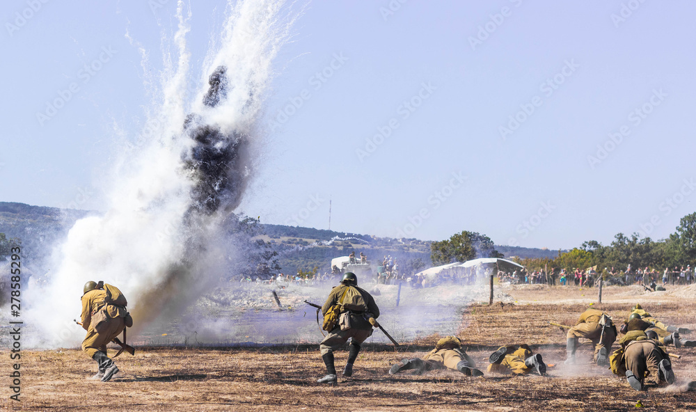 Explosions of bombs and shells. Reconstruction of the battle of world ...