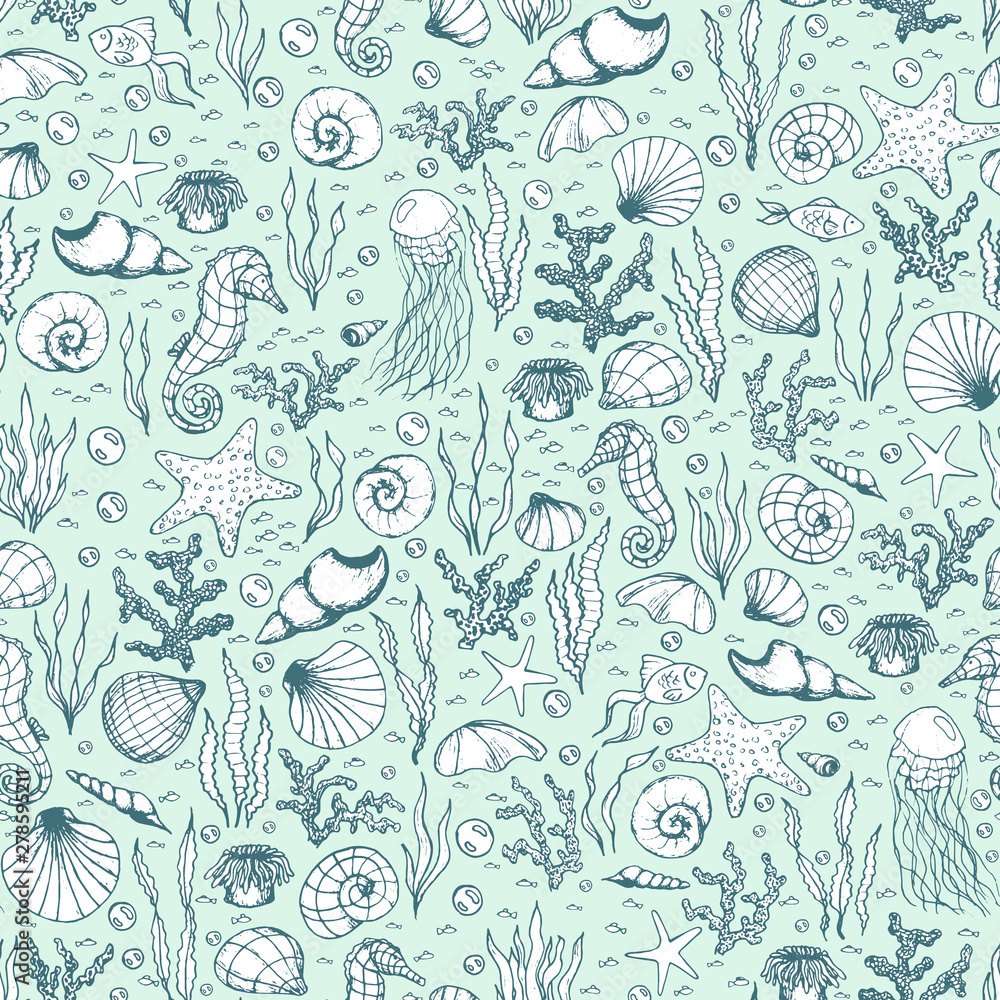 Hand drawn vector sea life seamless pattern with seahorses, fish ...