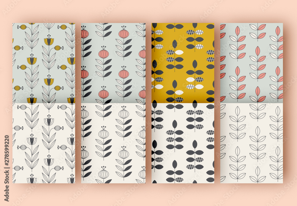 Pattern Set Layouts with Illustrative Flowers and Leaves Stock Template ...