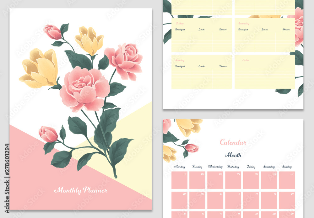 Monthly Planner Layout with Floral Elements Stock Template | Adobe Stock