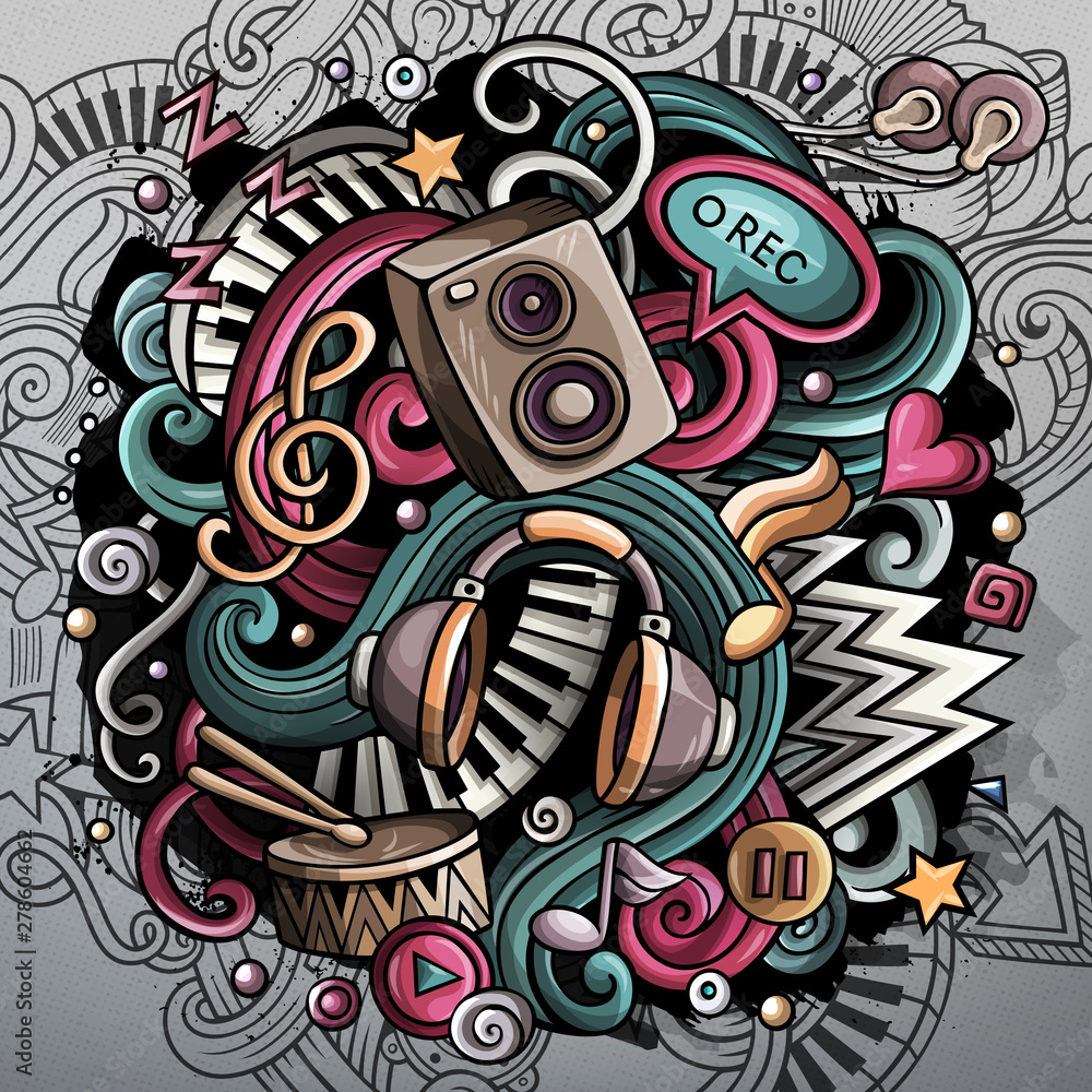 Cartoon cute doodles hand drawn Music illustration. Funny raster ...