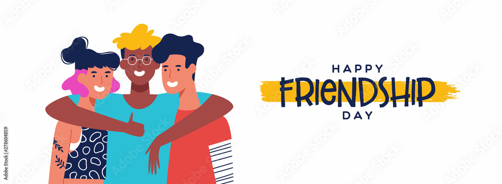 Friendship Day banner of three friends group hug Stock Vector | Adobe Stock