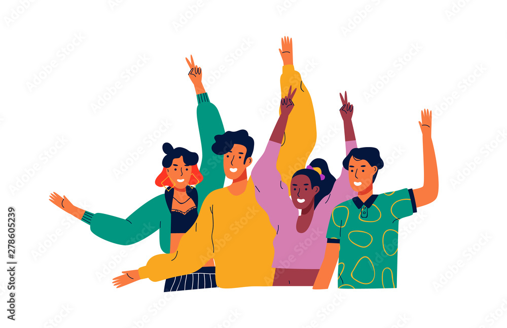 Happy diverse teen people group waving hello Stock Vector | Adobe Stock