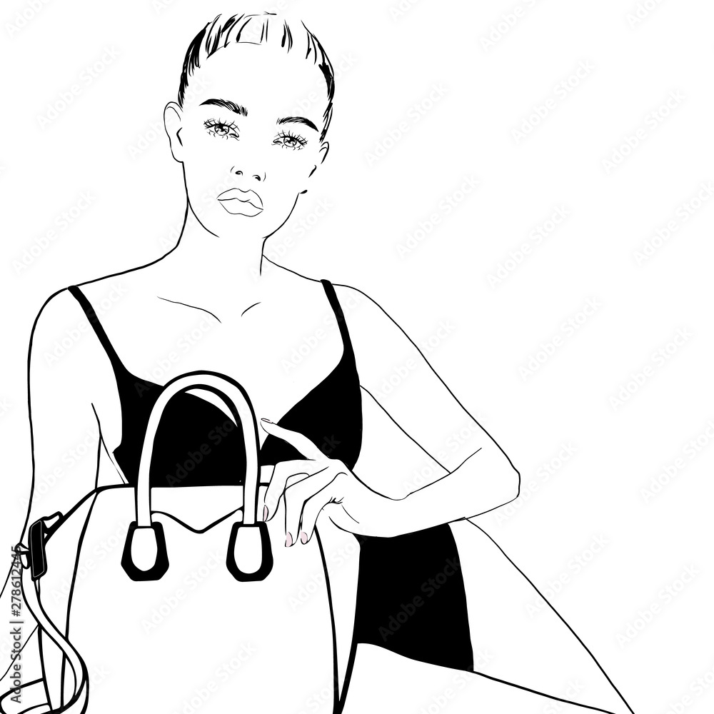 Hand Drawn Beautiful Woman In Black Bathing Suit With Bag Fashion