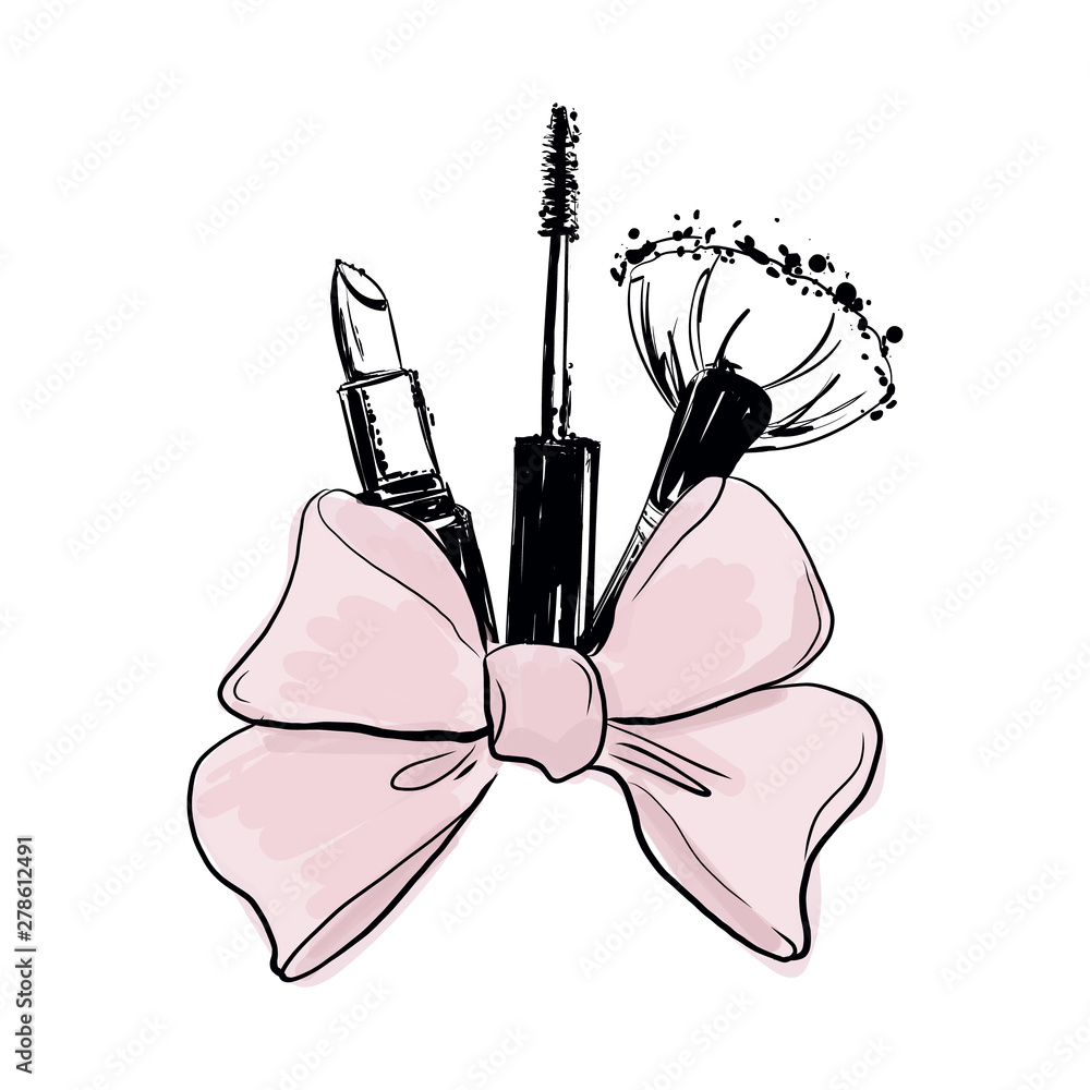Fashion vector background with hand drawn cosmetics: lipstick mascara ...