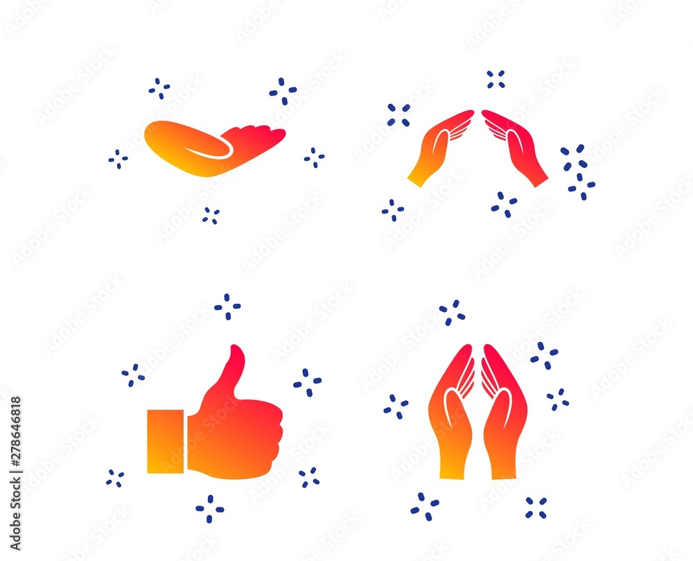 Hand icons. Like thumb up symbol. Insurance protection sign. Human ...