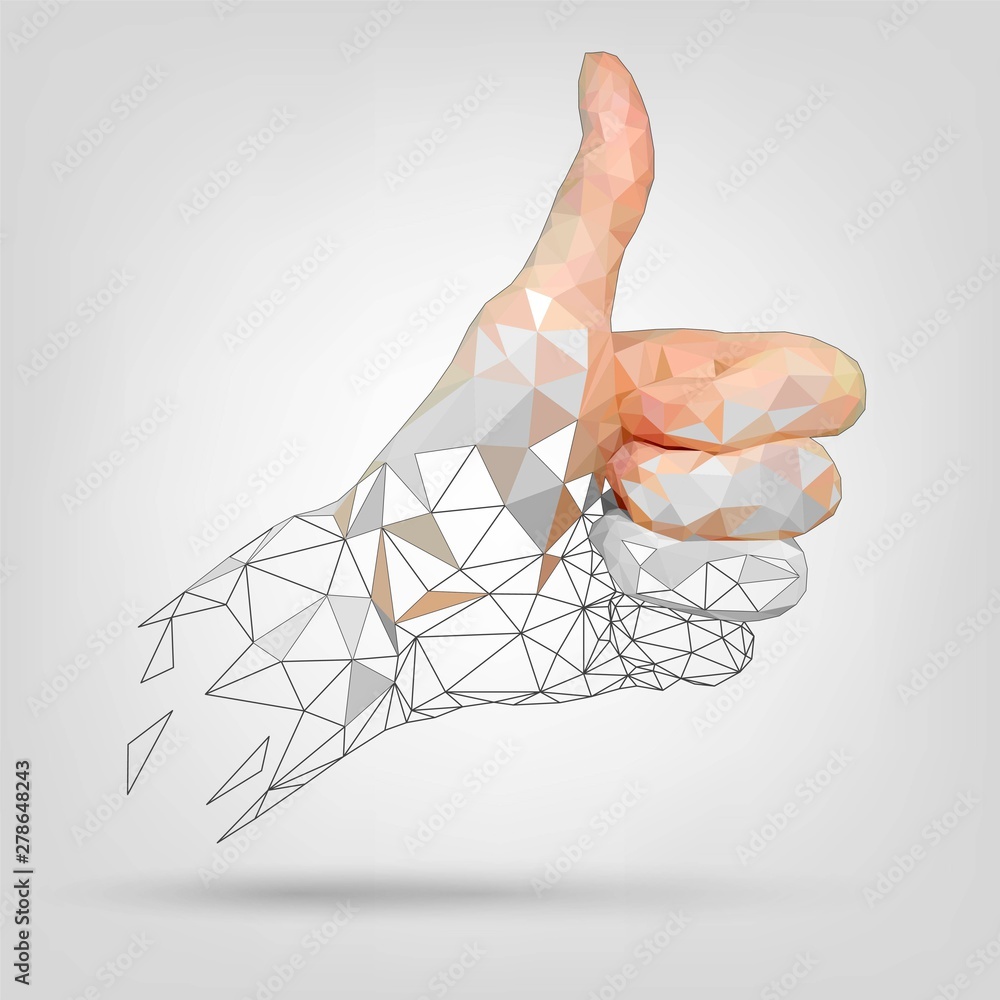 Low poly wireframe hand gesture, artificial hand, robot, thumbs up ...