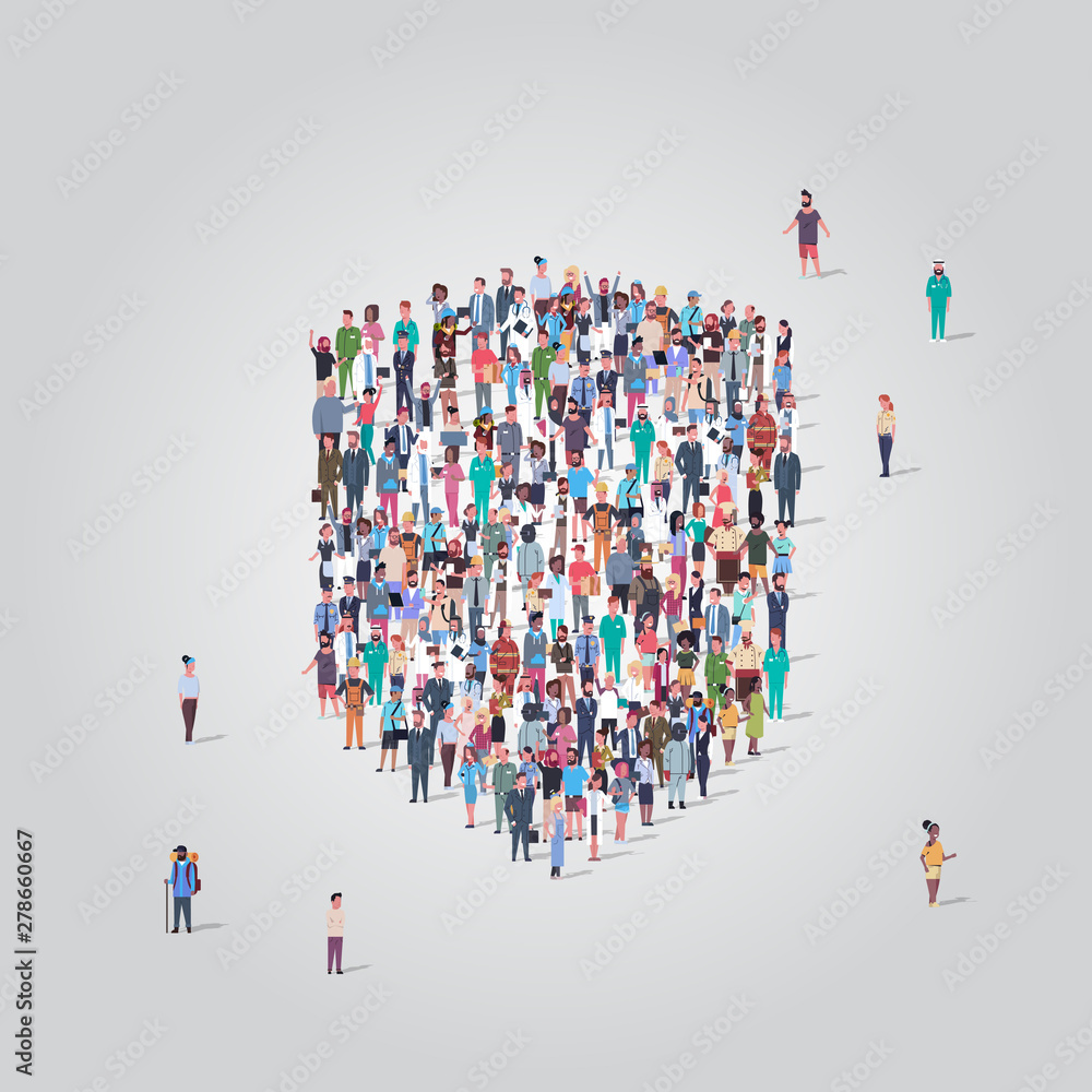people crowd gathering in shield icon shape social media community ...