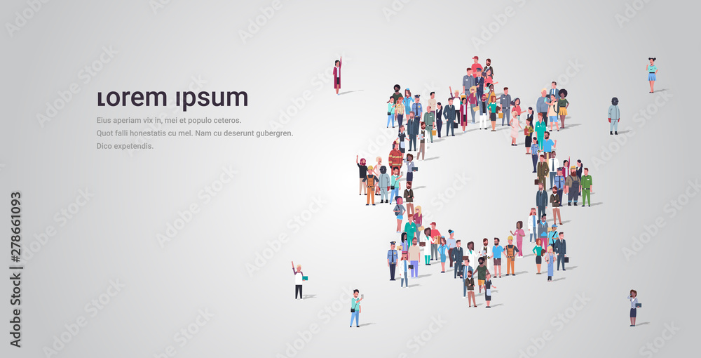 people crowd gathering in gear wheel icon shape social media community ...