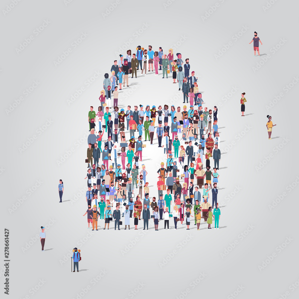 people crowd gathering in padlock icon shape social media community ...