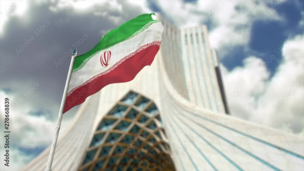 CGI 3D animation of Iranian national Flag flying in front of the Azadi ...