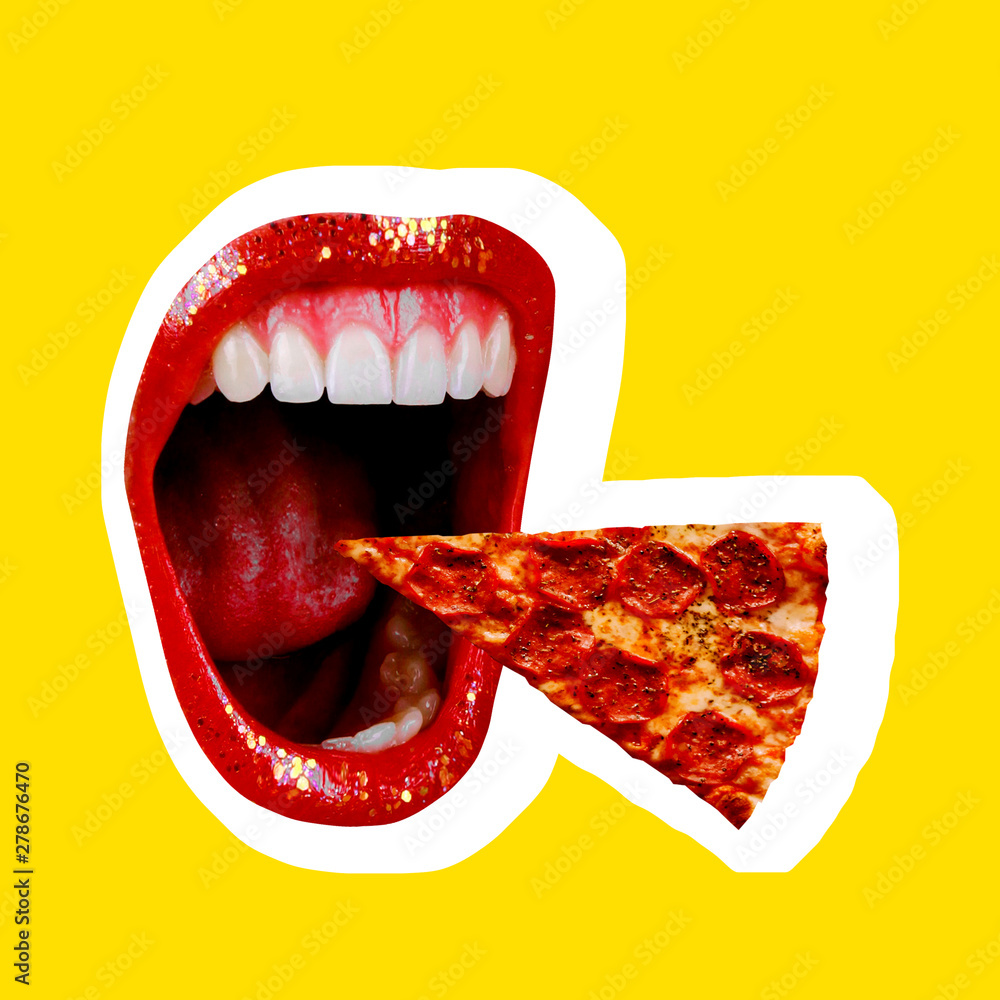 Pizza Art Collage. Concept of pizza mouth with red lips. A collage of ...