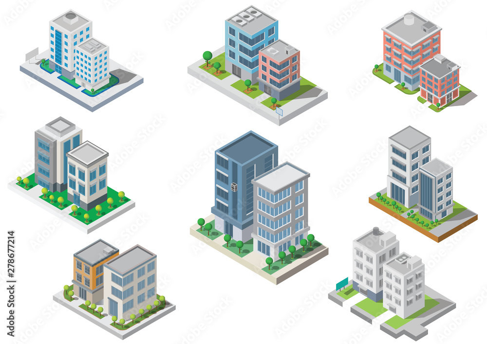 Set of Isometric Building vector.They are on Yard.The river with road ...