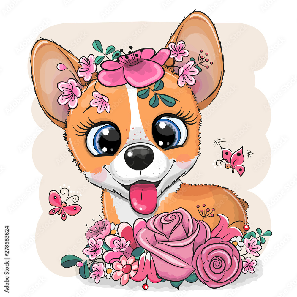Cartoon Corgi with flowers on a white background Stock Vector | Adobe Stock