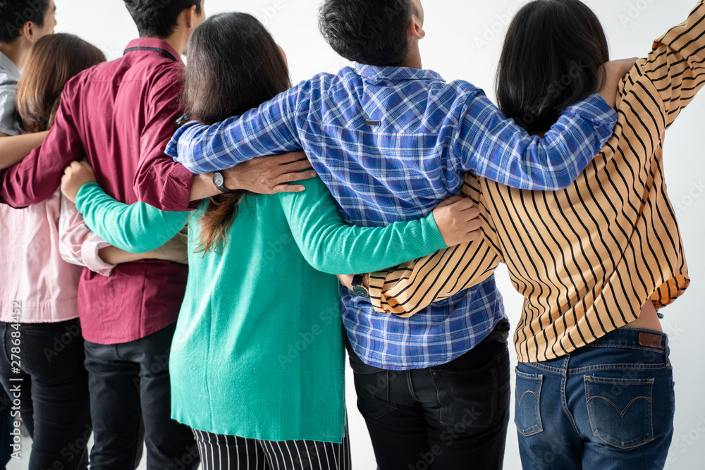 back view of friend holding hands and hug each other over white ...