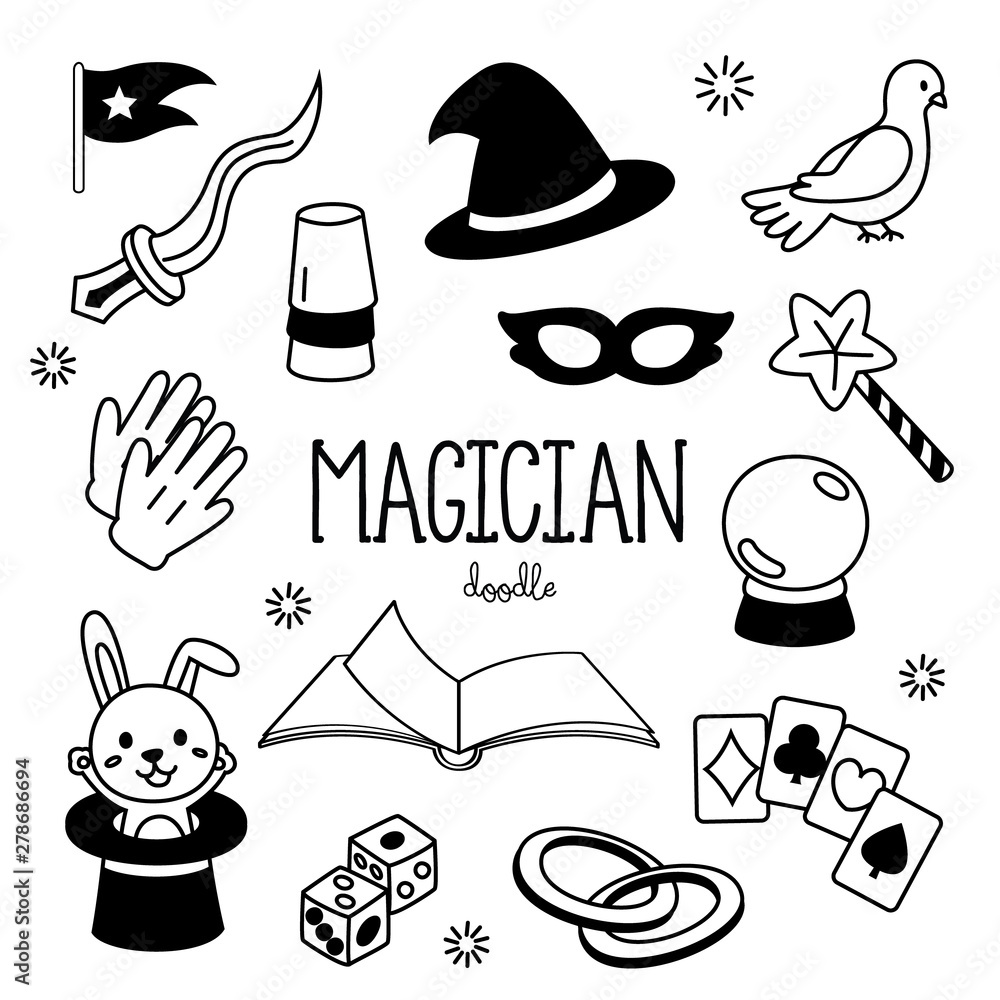 Hand drawing styles Magician items. Doodles magician Stock Vector ...