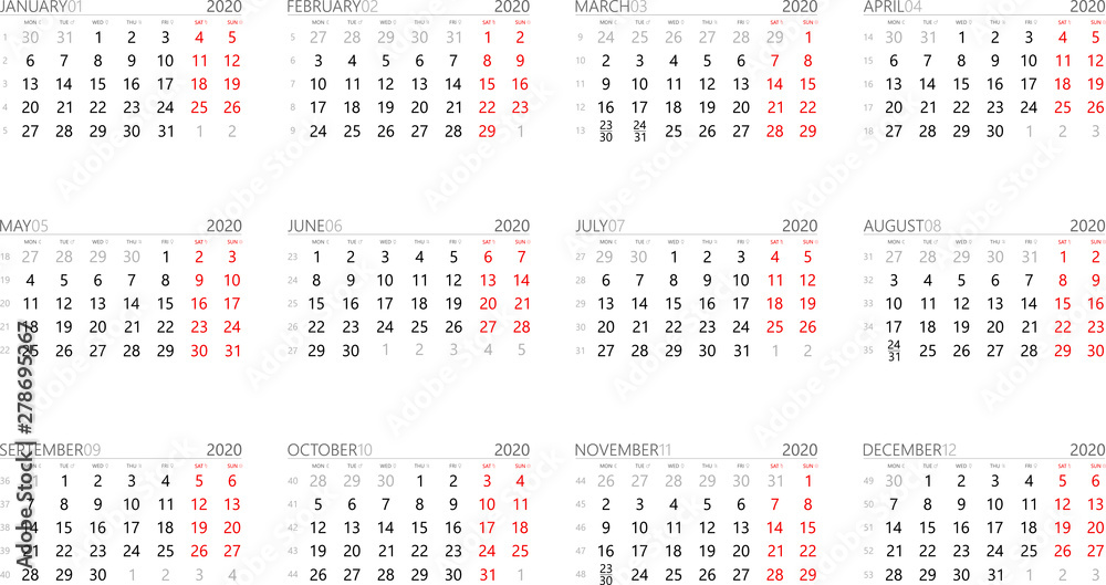 Calendar 2020 year grid months with week numbers and solar system ...