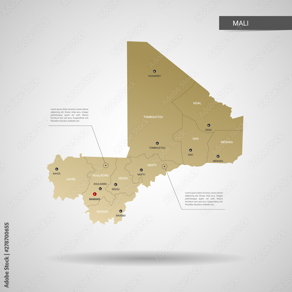 Stylized vector Mali map. Infographic 3d gold map illustration with ...
