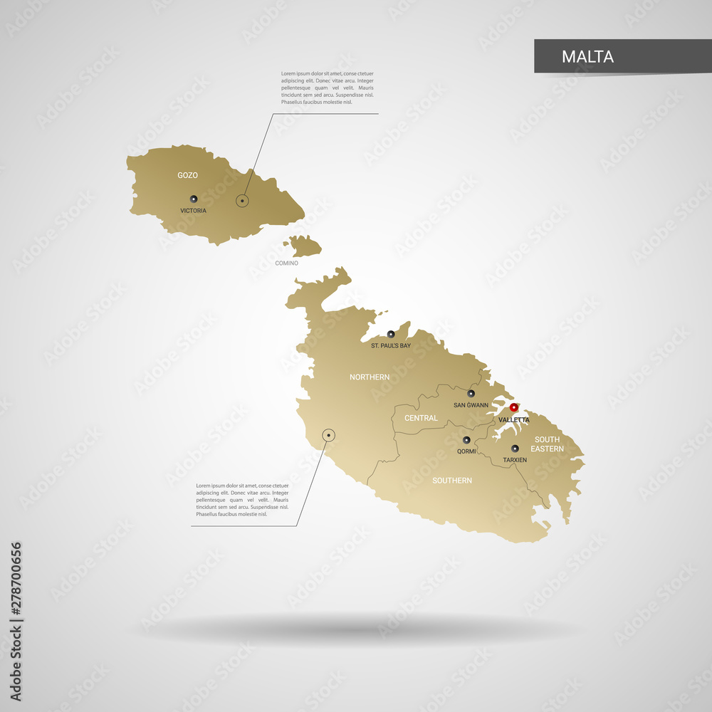 Stylized vector Malta map. Infographic 3d gold map illustration with ...