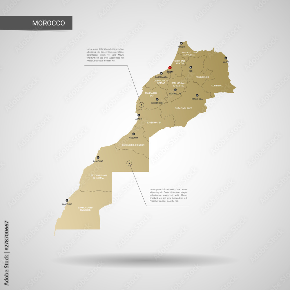 Stylized vector Morocco map. Infographic 3d gold map illustration with ...