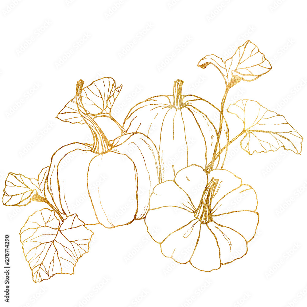 Line art golden composition for harvest festival. Hand painted ...