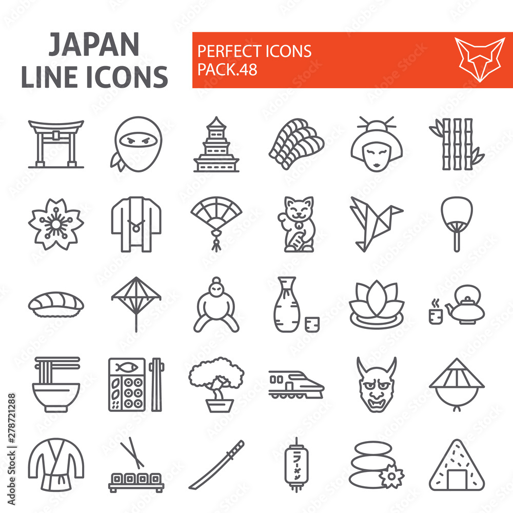 Japan line icon set, japanese food symbols collection, vector sketches ...