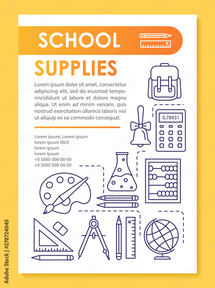 School supplies, subjects brochure template layout. Class tools. Flyer ...