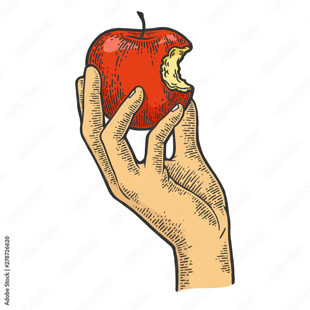 Bitten apple in hand color sketch engraving vector illustration ...