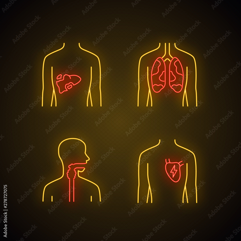Ill human organs neon light icons set. Sore liver and lungs. Aching ...