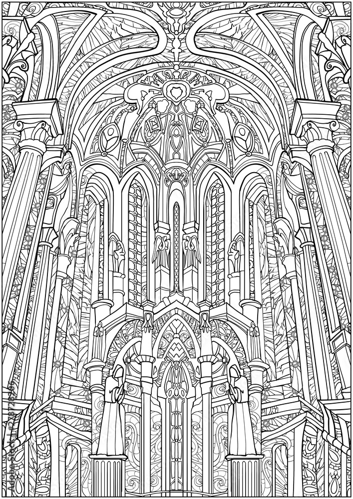 Coloring for adults. Beautiful Cathedral with columns, statues and ...
