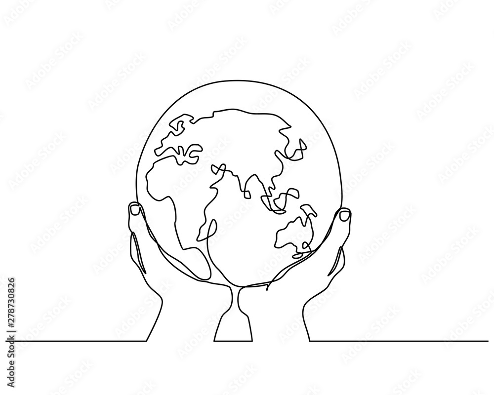 Continuous Line Drawing Of Hands Holding Earth Globe Vector