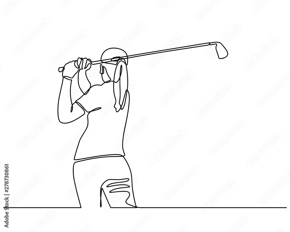 Continuous line drawing of the Golfer hit the ball in full swing to ...