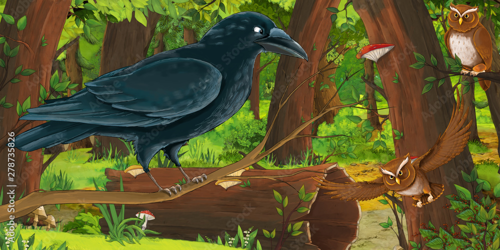 cartoon summer scene with deep forest and birds owls and some other ...