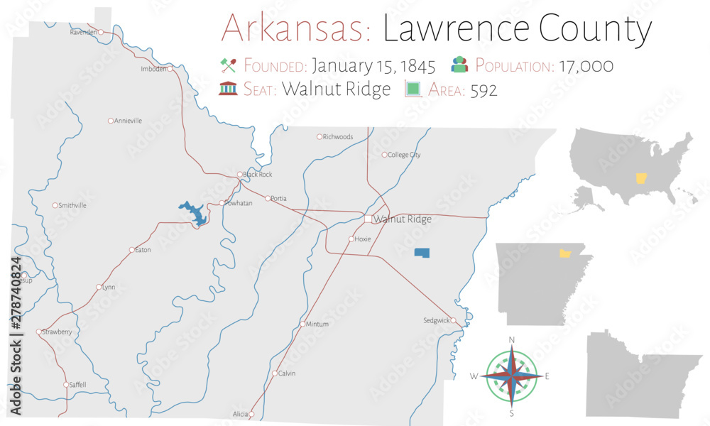 Large and detailed map of Lawrence county in Arkansas, USA Stock Vector ...