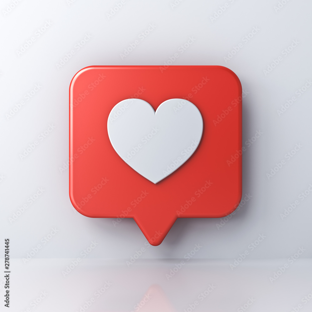 3d social media notification love like heart icon in red rounded square ...