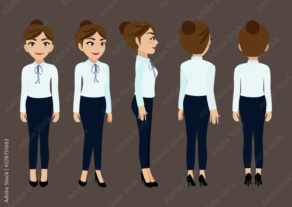 Cartoon character with business woman for animation. Front, side, back ...