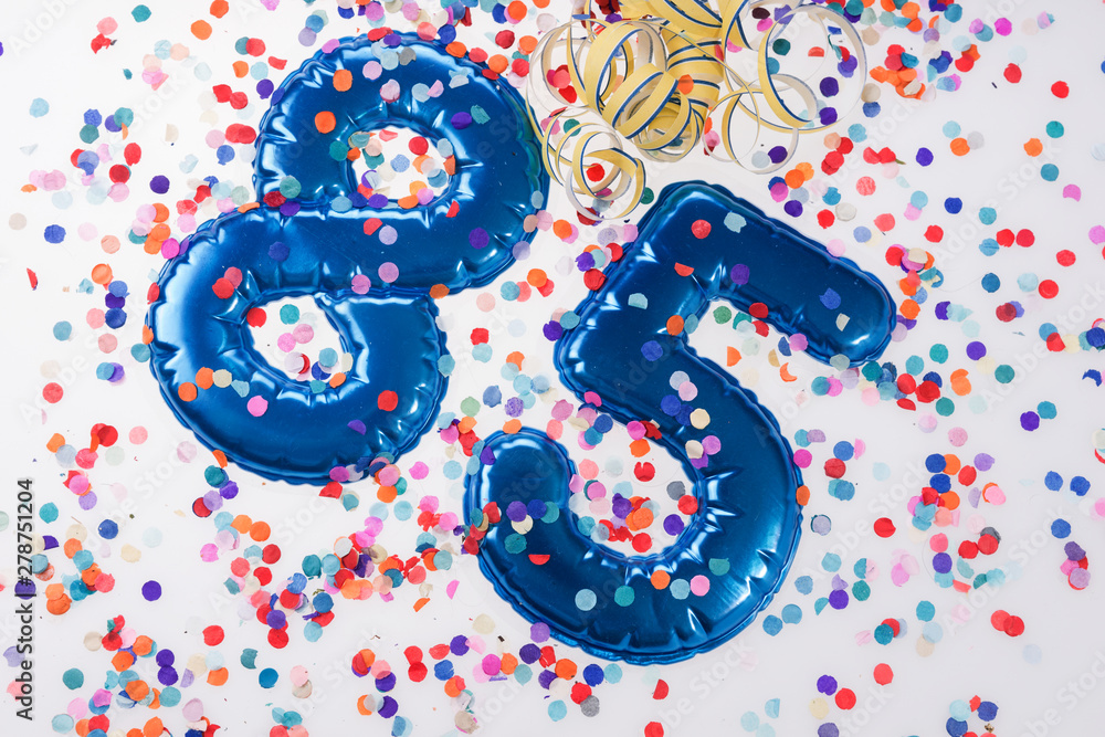 Blue number 85 with colorful confetti. 85th birthday anniversary ...