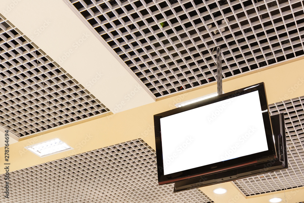 tv white screen hanging ceiling store Stock Photo | Adobe Stock
