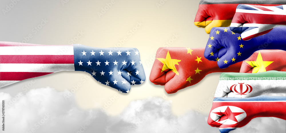 USA flag and many countries flag print screen on two fists for battle ...
