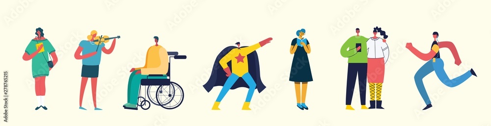 Vector illustration in a flat style of different activities people with ...