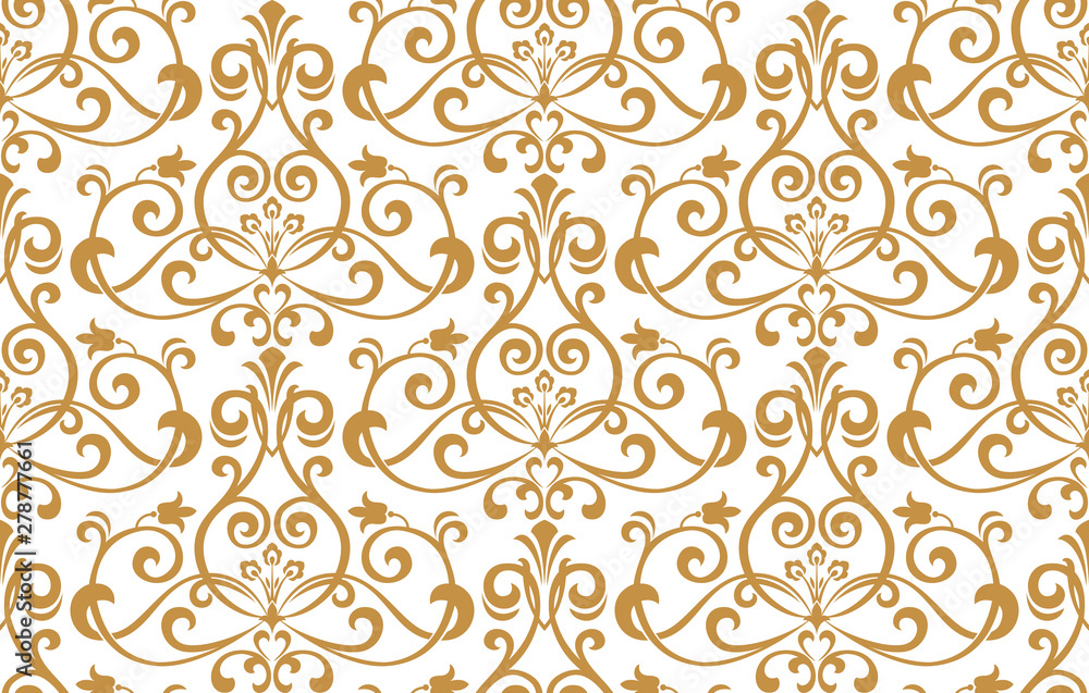 Wallpaper in the style of Baroque. Seamless vector background. White and gold floral ornament ...
